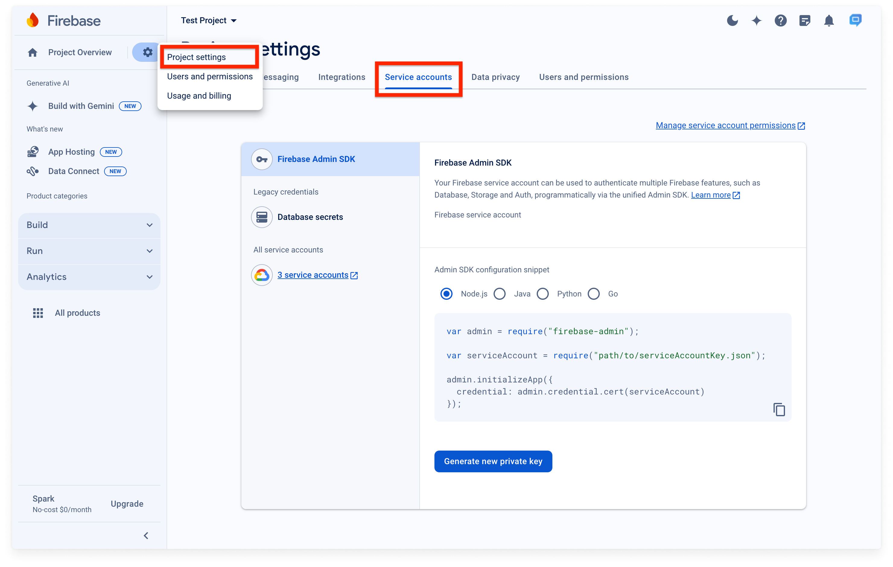 Generate a private key file for push notifications via Firebase console