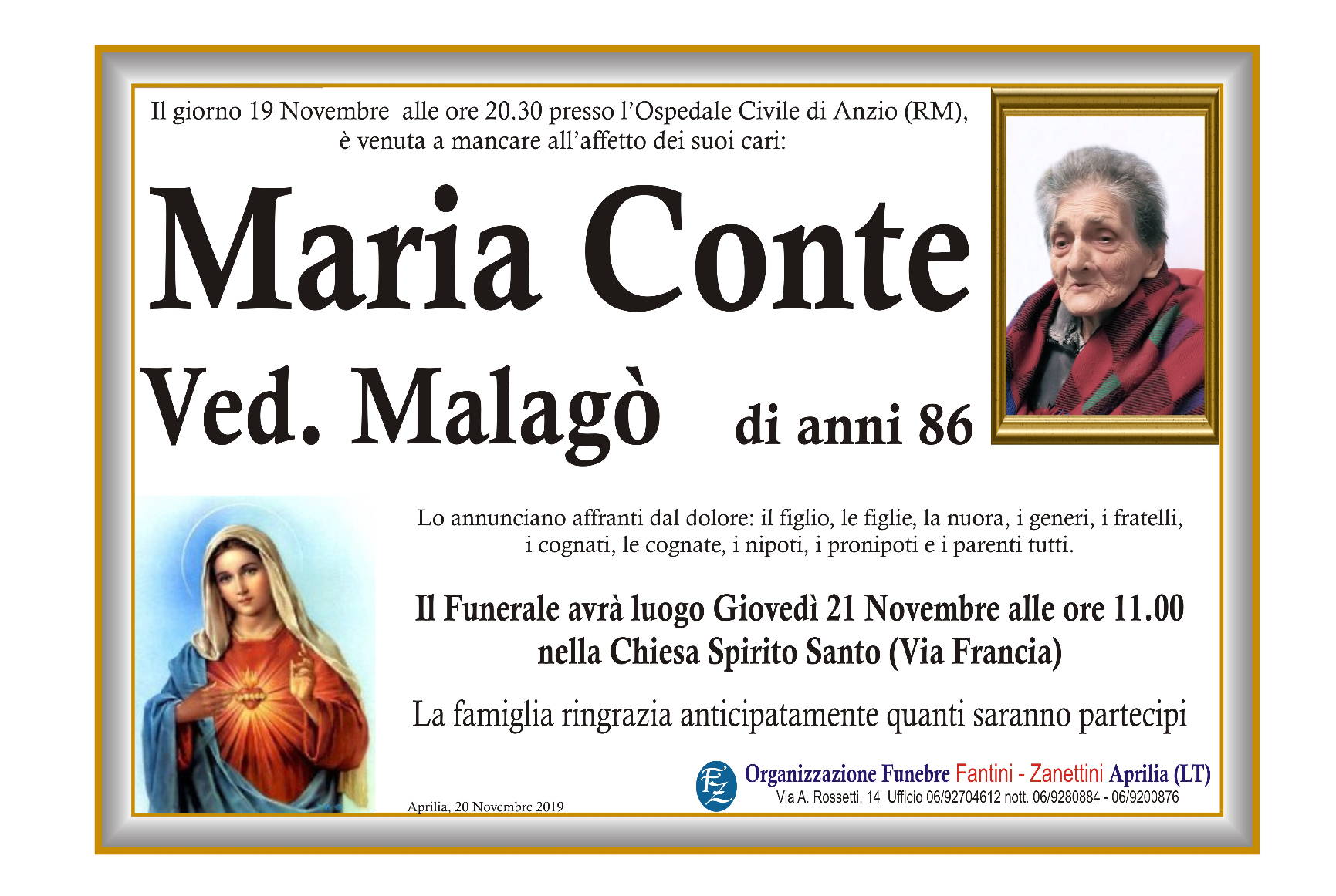 Funerali e annunci funebri a Aprilia | Maria Conte - Funer24