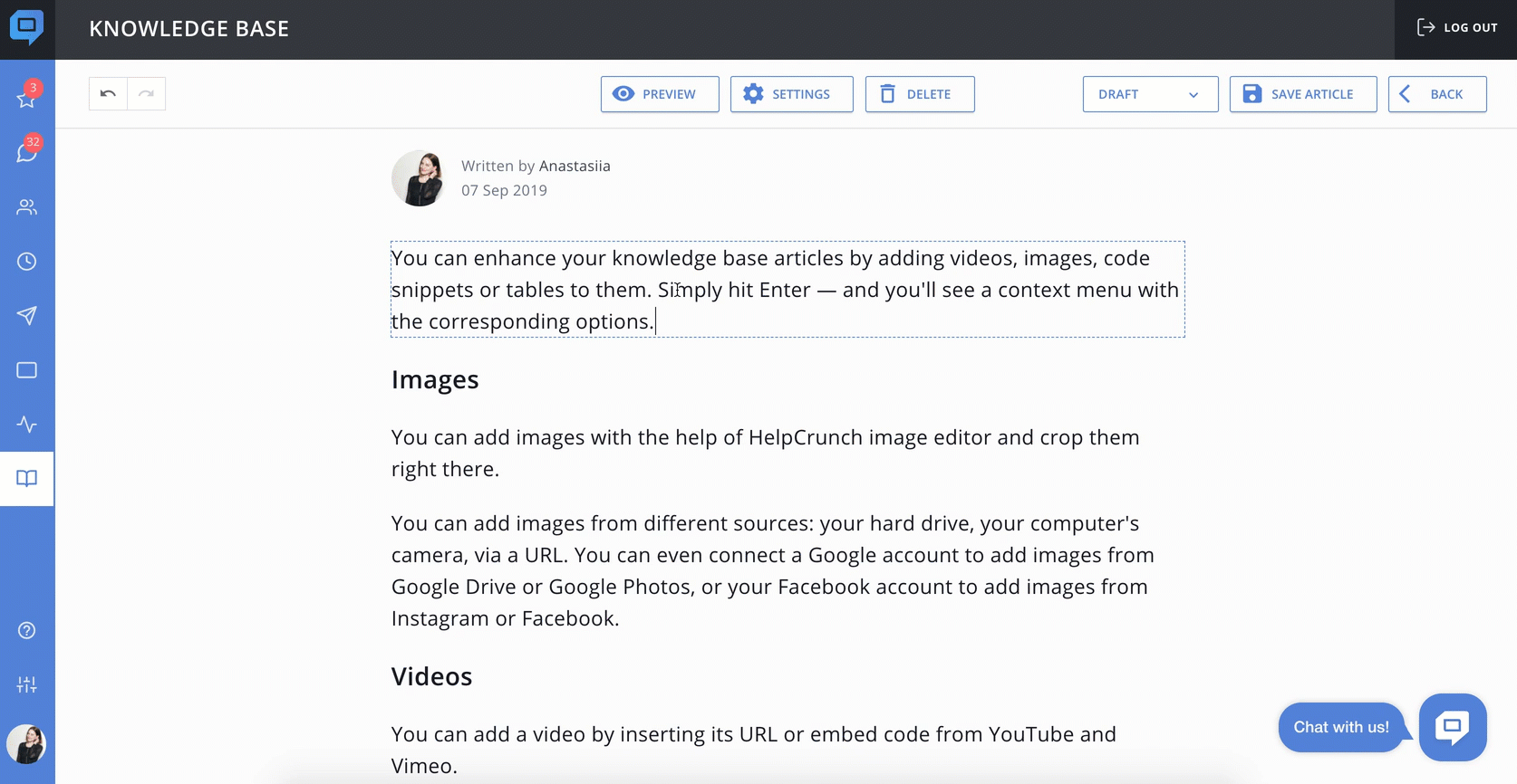 How To Add Videos Images Code Samples Tables To Your Knowldge Base