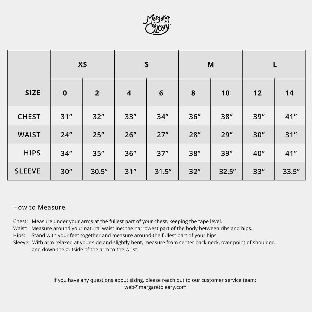 Size Chart Margaret O Leary