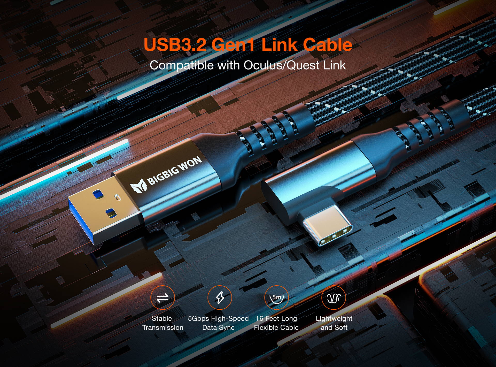 BIGBIGWON USB 3.2 USB C Type C Link Cable for Oculus Quest Link
