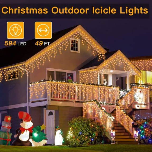 594 Led Icicle Lights Warm White 49ft Connectable | Ollny