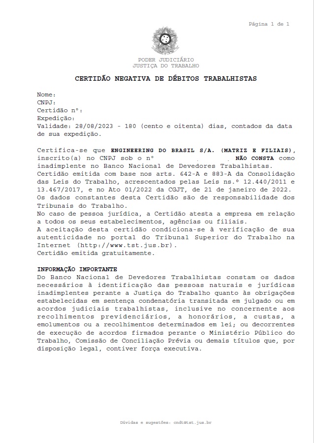 Certidão negativa de débitos trabalhistas