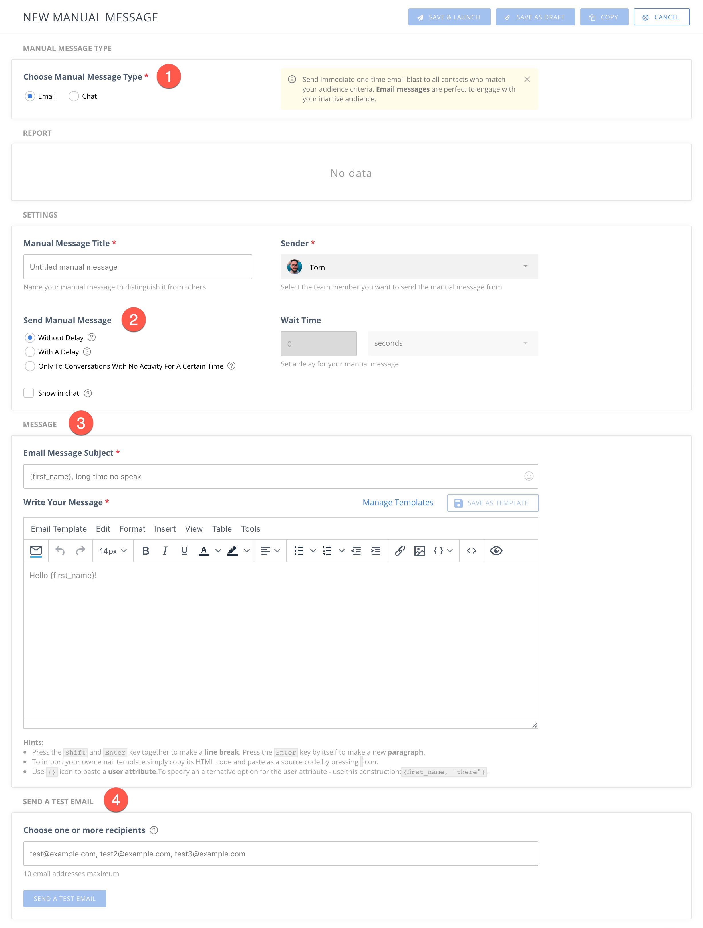 How to send a manual message via email or chat - HelpCrunch