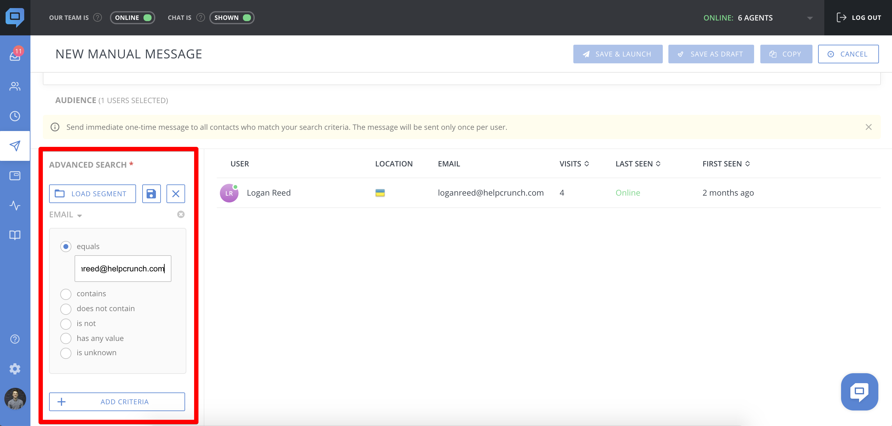 How to send a manual message via email or chat - HelpCrunch