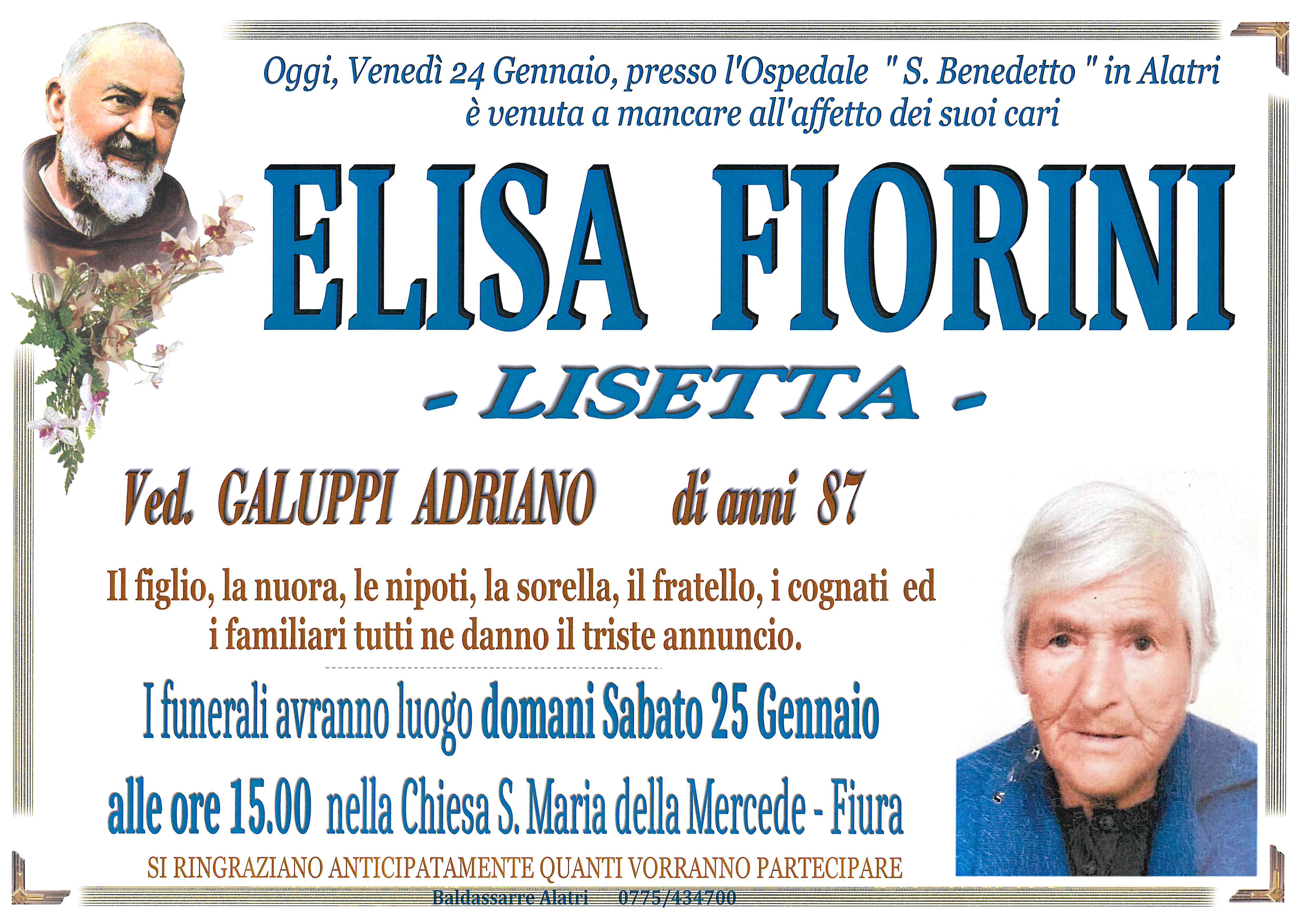 Funerali e annunci funebri a Alatri | Elisa Fiorini - Funer24